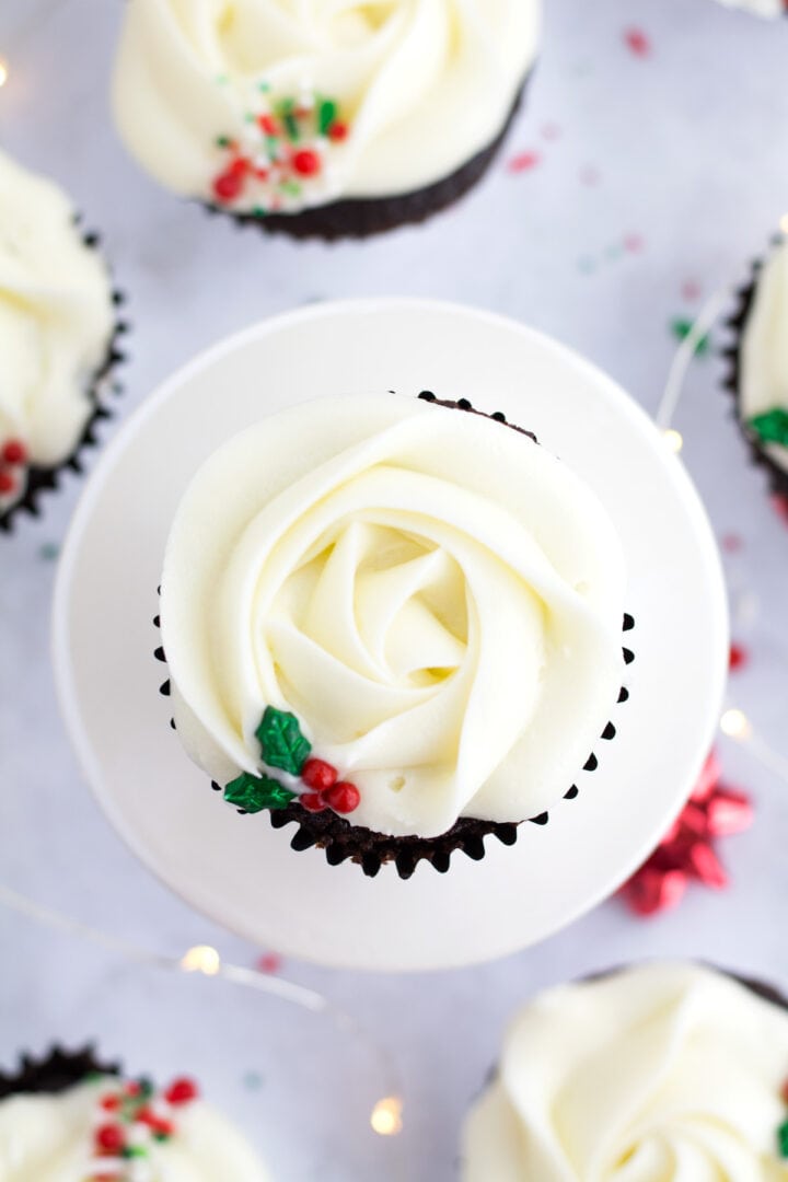 Easy Christmas Chocolate Cupcakes (w/ Holly Sprinkles) - Borrowed Bites